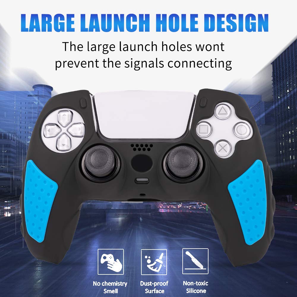 Junfire PS5 Controller Cover, Anti Slip Sweat-Absorbent Soft Controller Skin for Playstation 5 DualSense Remote with 6 Thumb Grips, PS5 Controller Accessories Set-BlackBlue