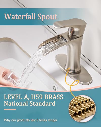 KUZOR Single Hole Bathroom Faucets Brushed Nickel, Waterfall One Hole Bathroom Faucet with Metal Pop Up Drain, Solid Brass Faucet for Bathroom Sink, Brush Nickel