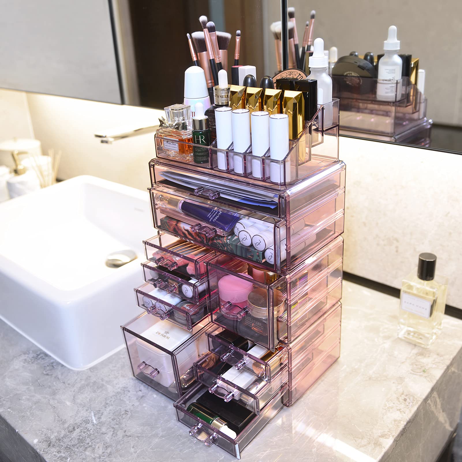 InnSweet Makeup Organizer Large Cosmetic Storage Drawers and Jewelry Display Box for Vanity, Makeup Holder with 10 Drawers, Purple