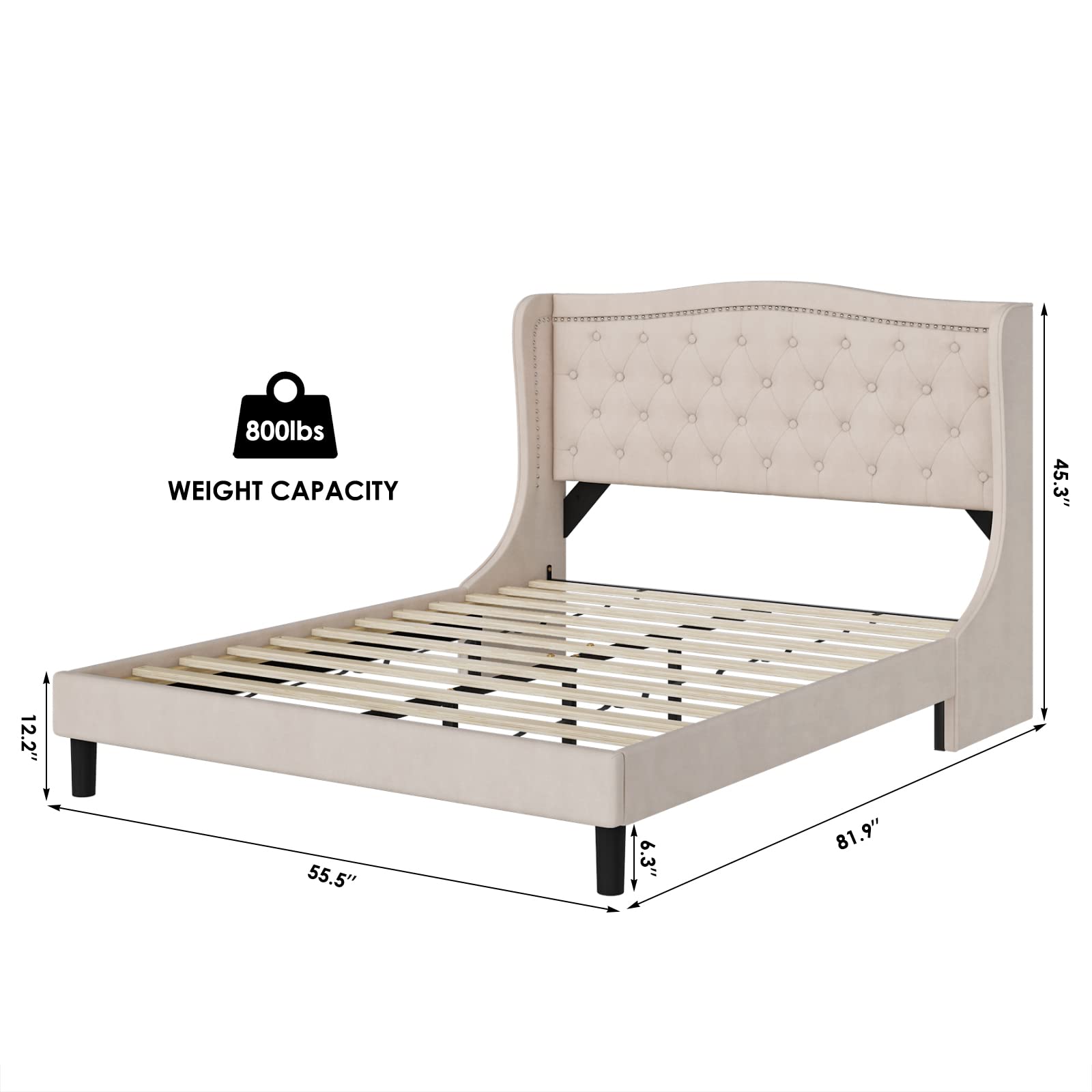 HOSTACK Full Size Bed Frame, Modern Upholstered Platform Bed with Wingback Headboard, Heavy Duty Button Tufted Bed Frame with Wood Slat Support, Easy Assembly, No Box Spring Needed(Black, Full)