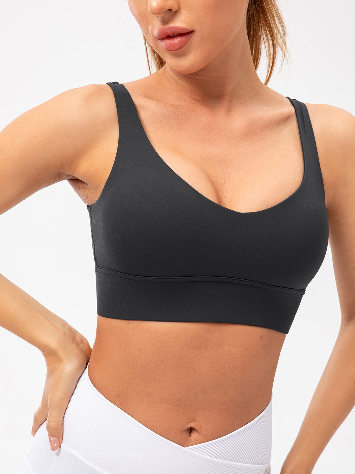 Lavento Women's V Neck Sports Bra Padded Workout Yoga Bras Top (Black, 6)