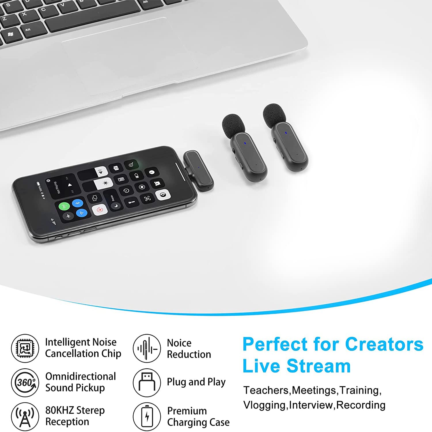 LAVKOW Wireless Microphone for iPhone iPad Phone, Plug-Play Wireless Lavalier Mic with Clips & 2 Microphone, for Video Recording, YouTube, TikTok, Facebook Live Stream, Noise Reduction
