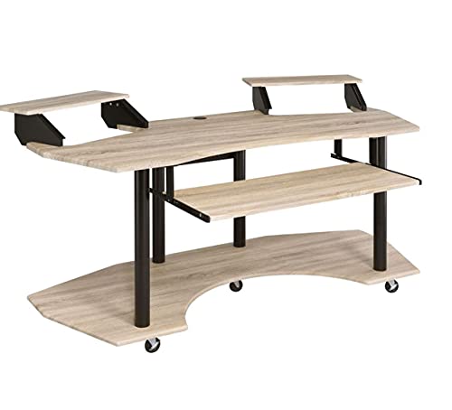 LEEKOUS STERXONE Best Music Recording Studio Desk with Piano Keyboard Tray, Recording Studio Workstation Table with 2 Stands, Bottom Shelf and Wheels, Wooden Home Office Computer Desks (Natural Oak)