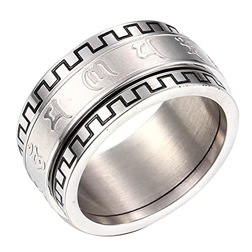 JAJAFOOK 10mm 316L Stainless Steel Tibetan Buddhist Mantra Scriptures Om Mani Padme Hum Spinning Band Ring,Silver 6