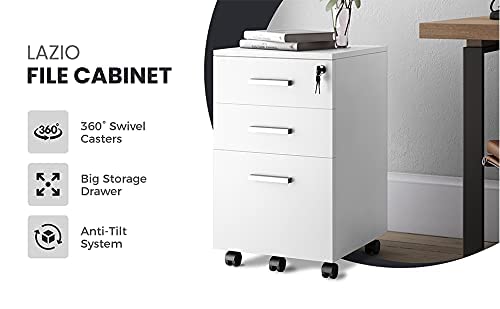 Lazio 26 Inch File Cabinet with Lock - Filing Cabinet for Home and Office - 3 Drawer File Cabinet with Wheels for A4 Sized Letters/Documents, Legal Sized Documents, Hanging File Folders - White/White