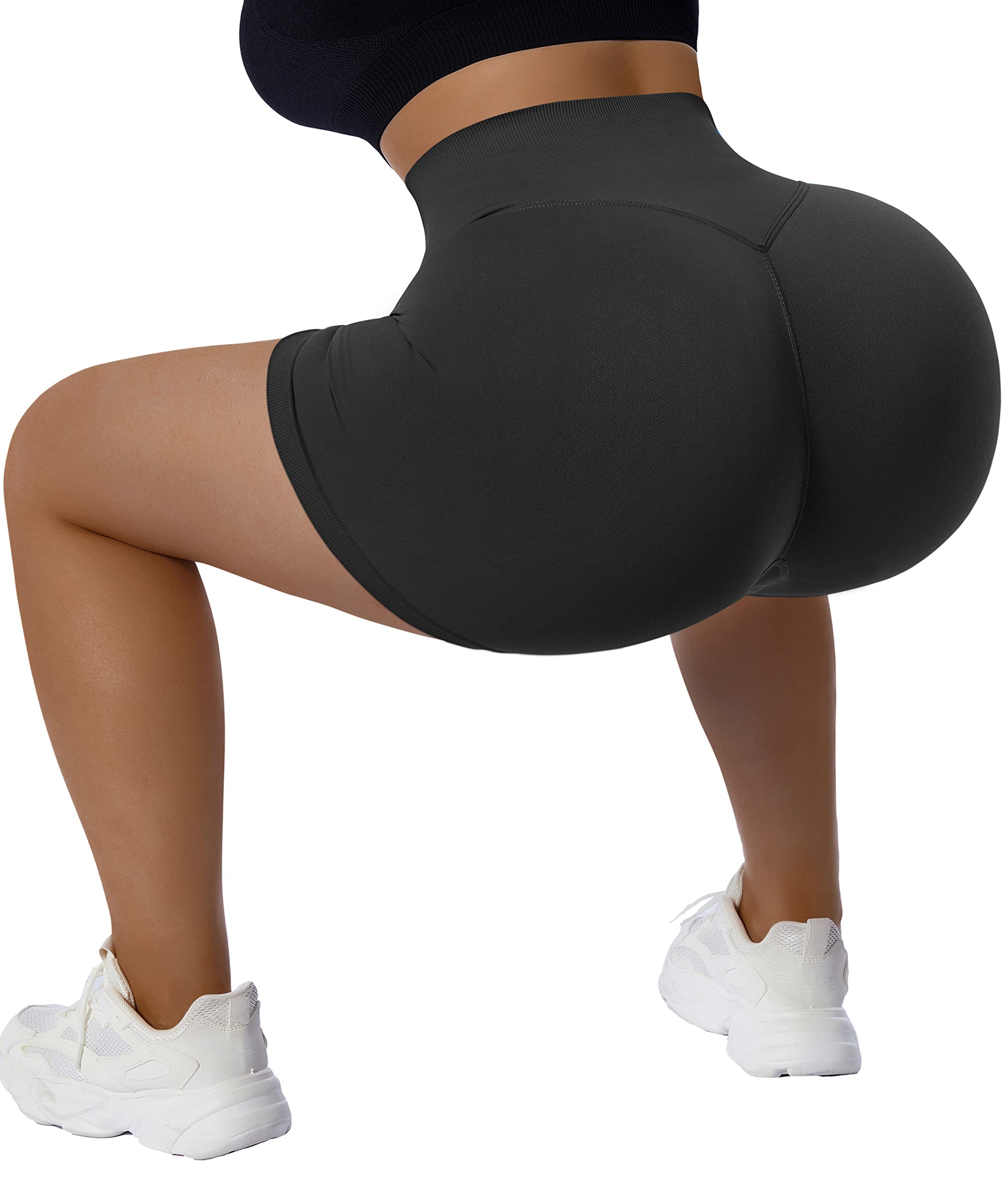 OMKAGI V Cross Waist Biker Shorts Women Butt Lifting 4" Seamless Gym Workout Shorts(L,1264-Black)