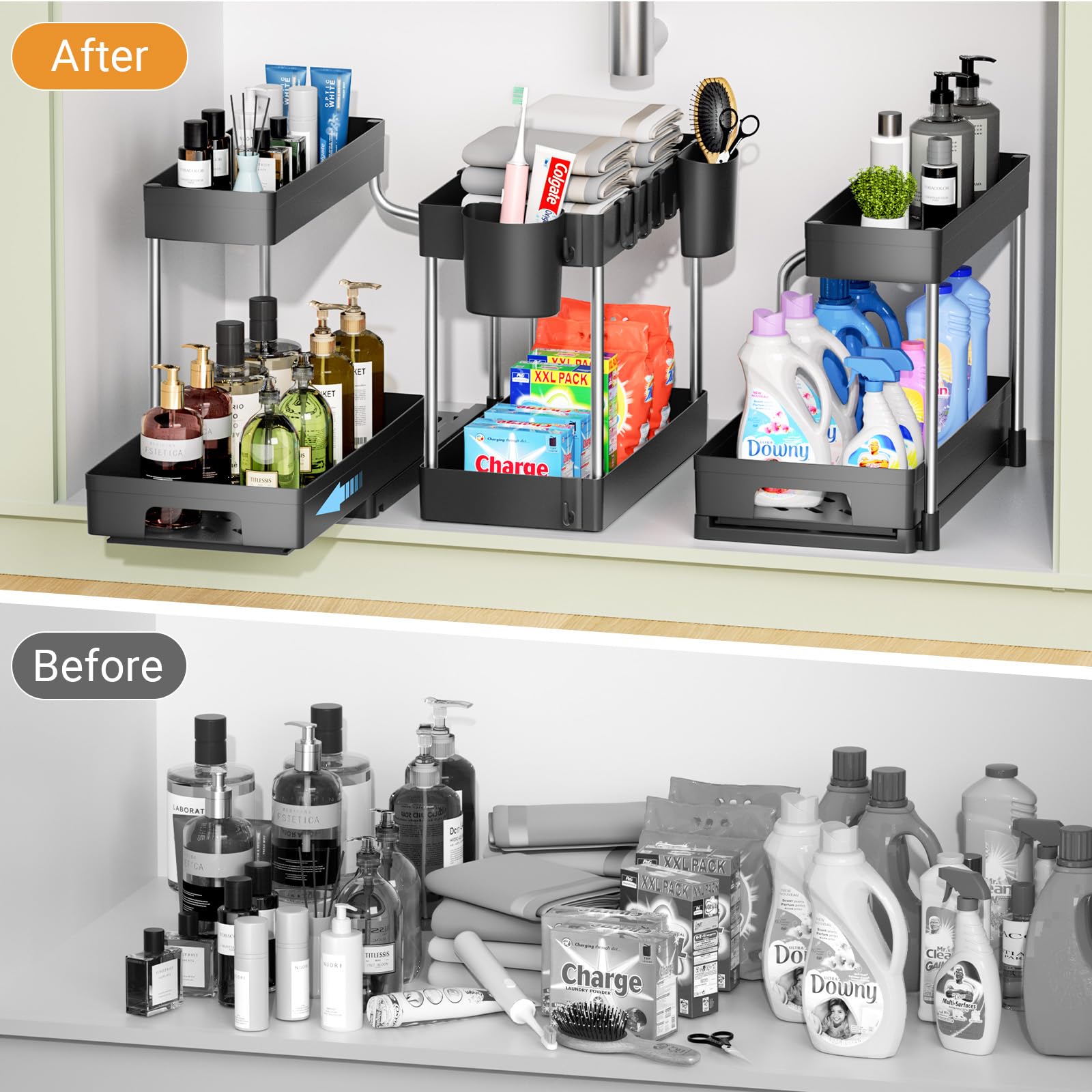 KOOTETA 3 Pack Under Sink Organizer, 2 Tier L-shaped Sliding Under Bathroom Cabinet Organizer, Multi-Purpose Pull Out Under Sink Organizers and Storage for Kitchen