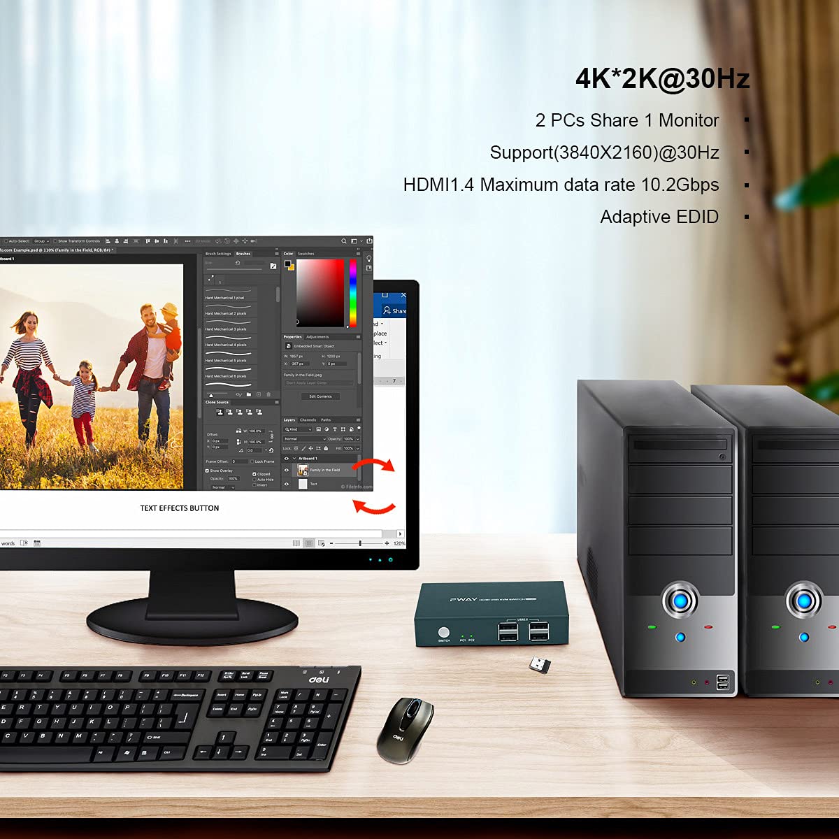 KVM Switch HDMI 2 Port, 4 USB 2.0 Hub, UHD 4K@30Hz, Support Wireless Keyboard and Mouse, No Power Require, with HDMI and USB Cables