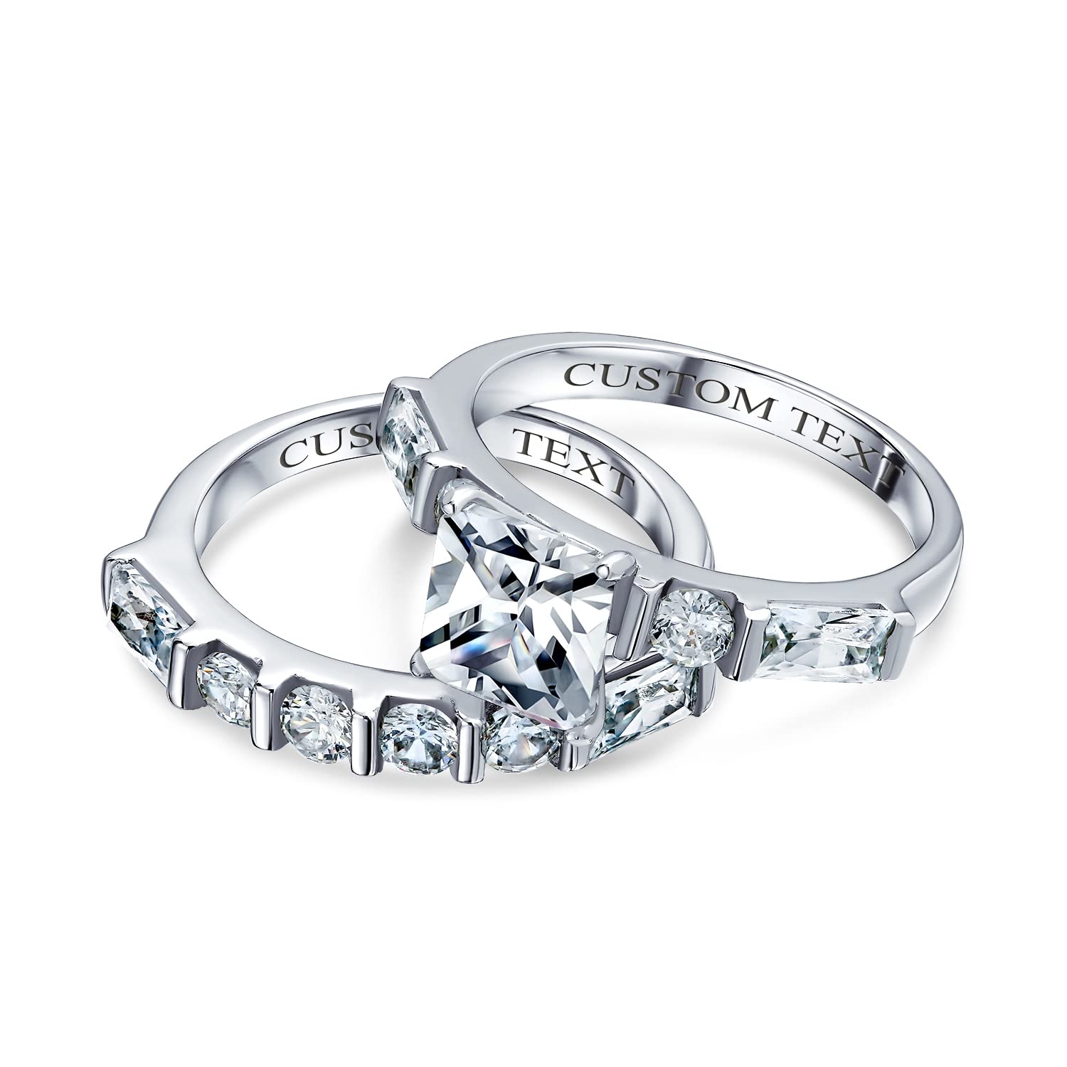 Personalized Traditional AAA CZ Baguettes Side Stones 2CT Square Princess Cut Brilliant Solitaire Anniversary Engagement Wedding Band Ring Set For Women .925 Sterling Silver Custom Engraved