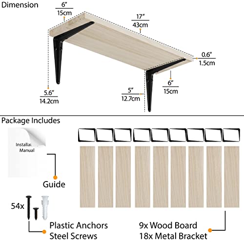 Wallniture Arras Floating Shelves for Wall Decor, Bookshelf Living Room Decor Kitchen Organization, Hallway & Office Decor Wall Shelves for Bedroom Natural Board Set of 9