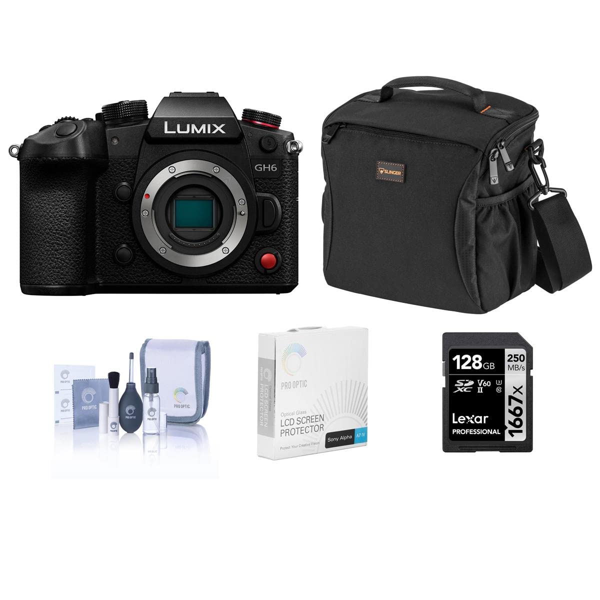 Panasonic Lumix GH6 Mirrorless Camera Body, Bundle with 128GB SD Memory Card, Shoulder Bag, Screen Protector, Cleaning Kit