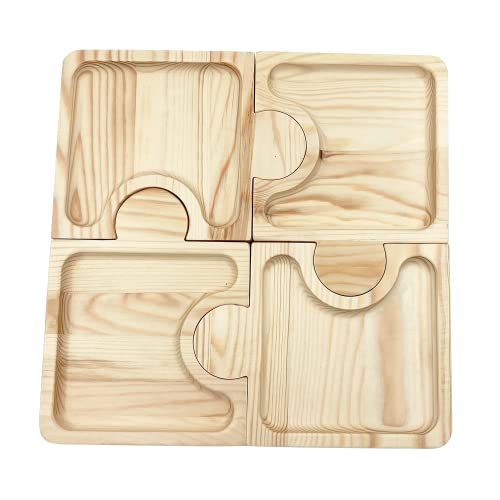 Wooden Tray For Food And Decor, Creative, Display And Fun, Splicing Puzzle Plate, Fruit, Dessert Plate, Nut, Snack Plate Set of 4