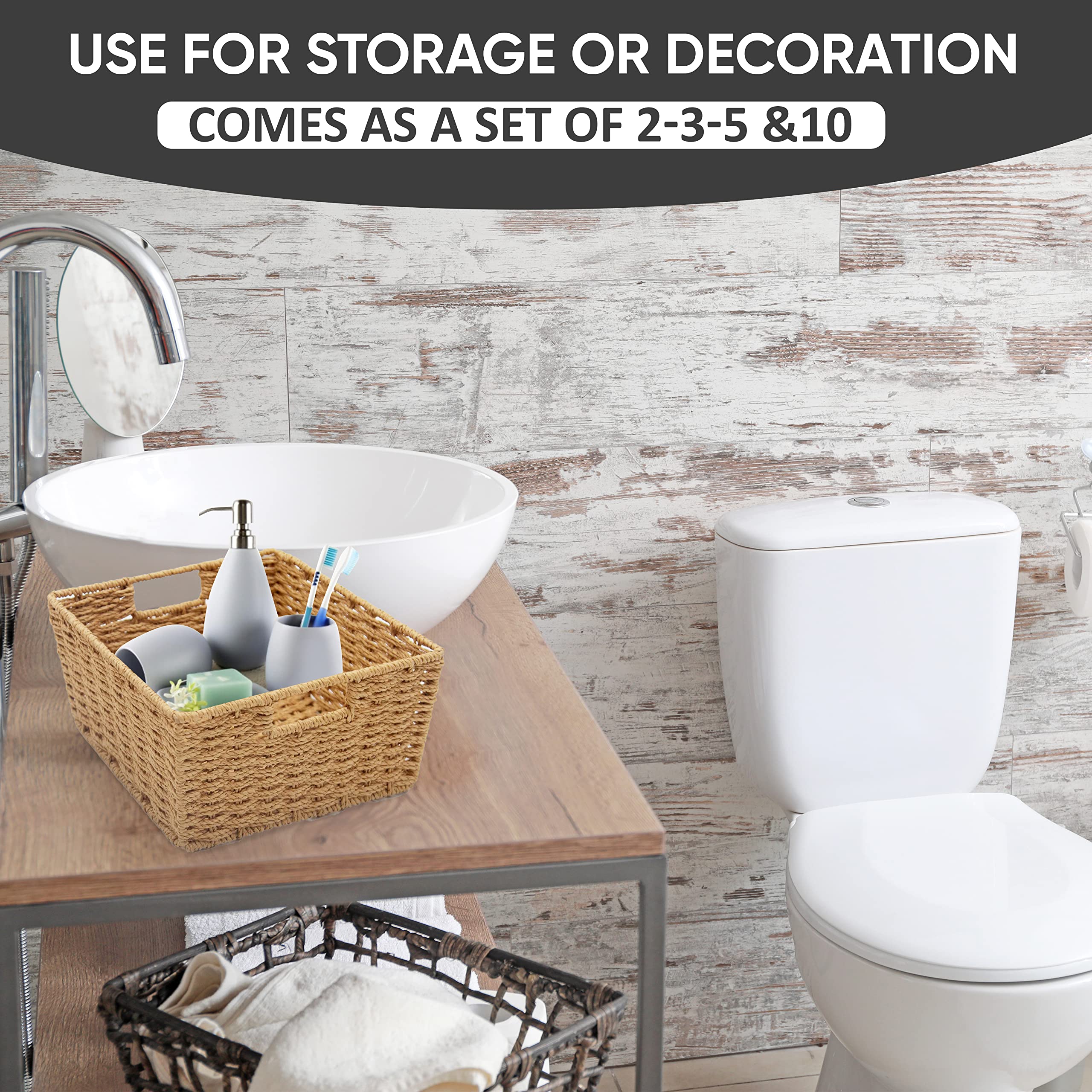 KOVOT Woven Wicker Storage Baskets with Built-in Carry Handles - 9.75"L x 8.5"W x 4.5"H (3-Pack)