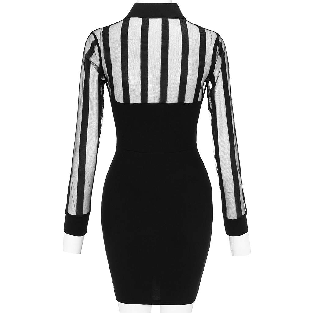 Keepfit Cutout Neck Dress for Women Striped Mesh Long Sleeve Wrap Dress Patchwork Bodycon Mini Dress Black