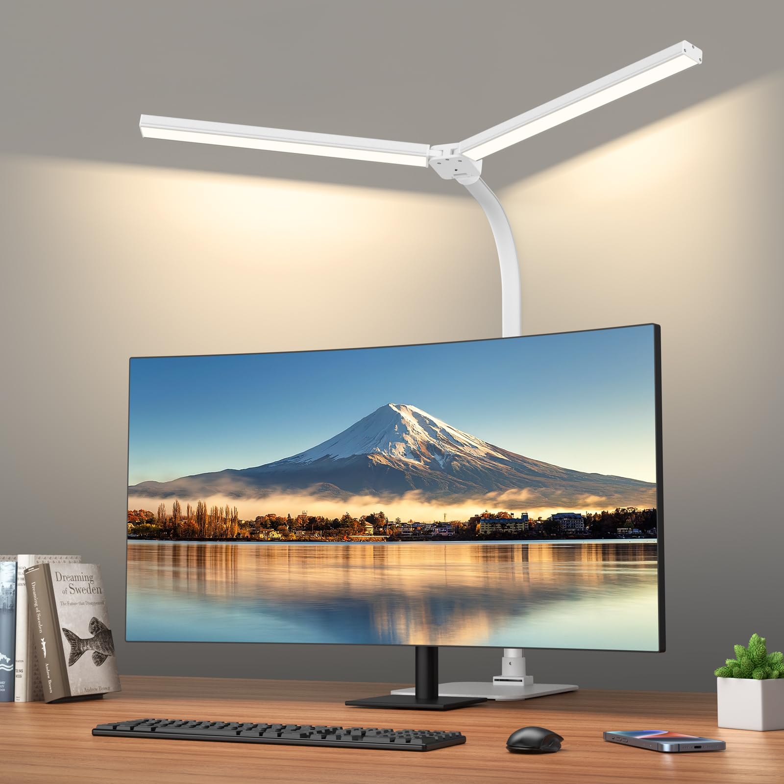 Kaulsoue Desk Lamp Architect Task Dual Head Modern Flexible Gooseneck Tall Dimmable Light for Home Office, 5 Color Modes,Remote Control, 1500lm 24W Extra Bright Lighting