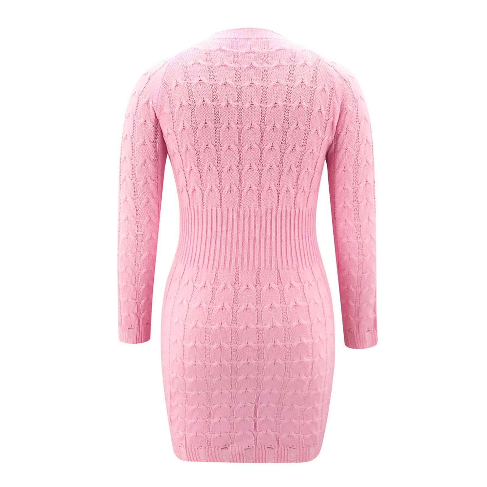 Keepfit Knitted Sweater Dress for Women Round Neck Long Sleeve Solid Wrap Spring Fall Mini Dress Pink