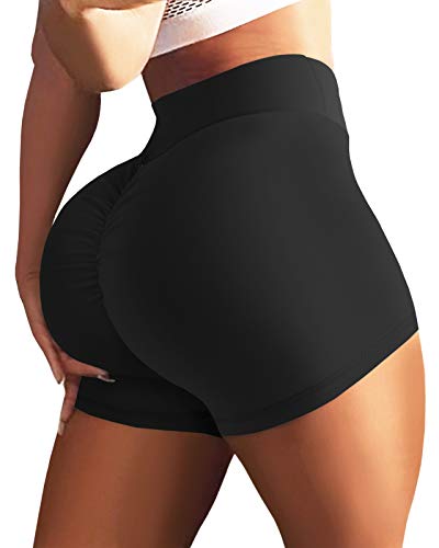 Jenbou Workout Shorts Womens High Waisted Scrunch Butt Lifting Booty Shorts Gym Tummy Control Spandex Yoga Pants Black