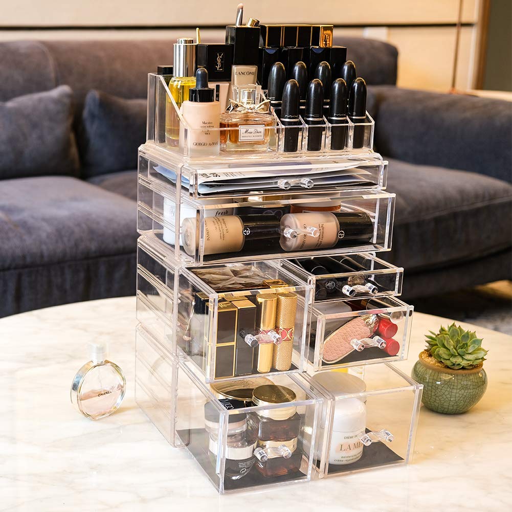 InnSweet Makeup Organizer Acrylic Cosmetic Storage Drawers, Large Makeup Storage Boxes Jewelry Display Cases with 7 Drawers, 4 Piece, Transparent