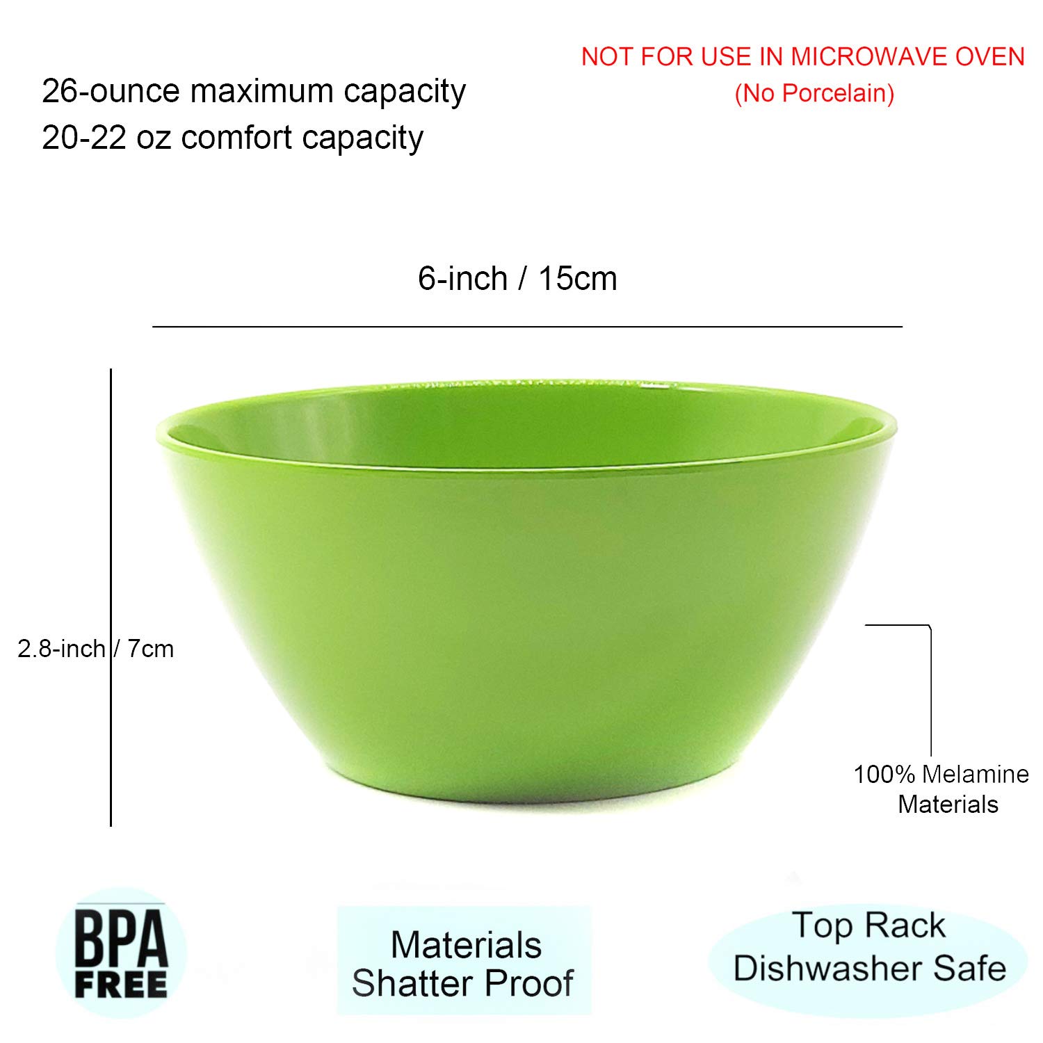 KOXIN-KARLU 6-inch Melamine Bowls, 26-ounce Cereal Bowls Salad Bowl, set of 6 Multicolor | 100% Melamine, Dishwasher Safe, BPA Free