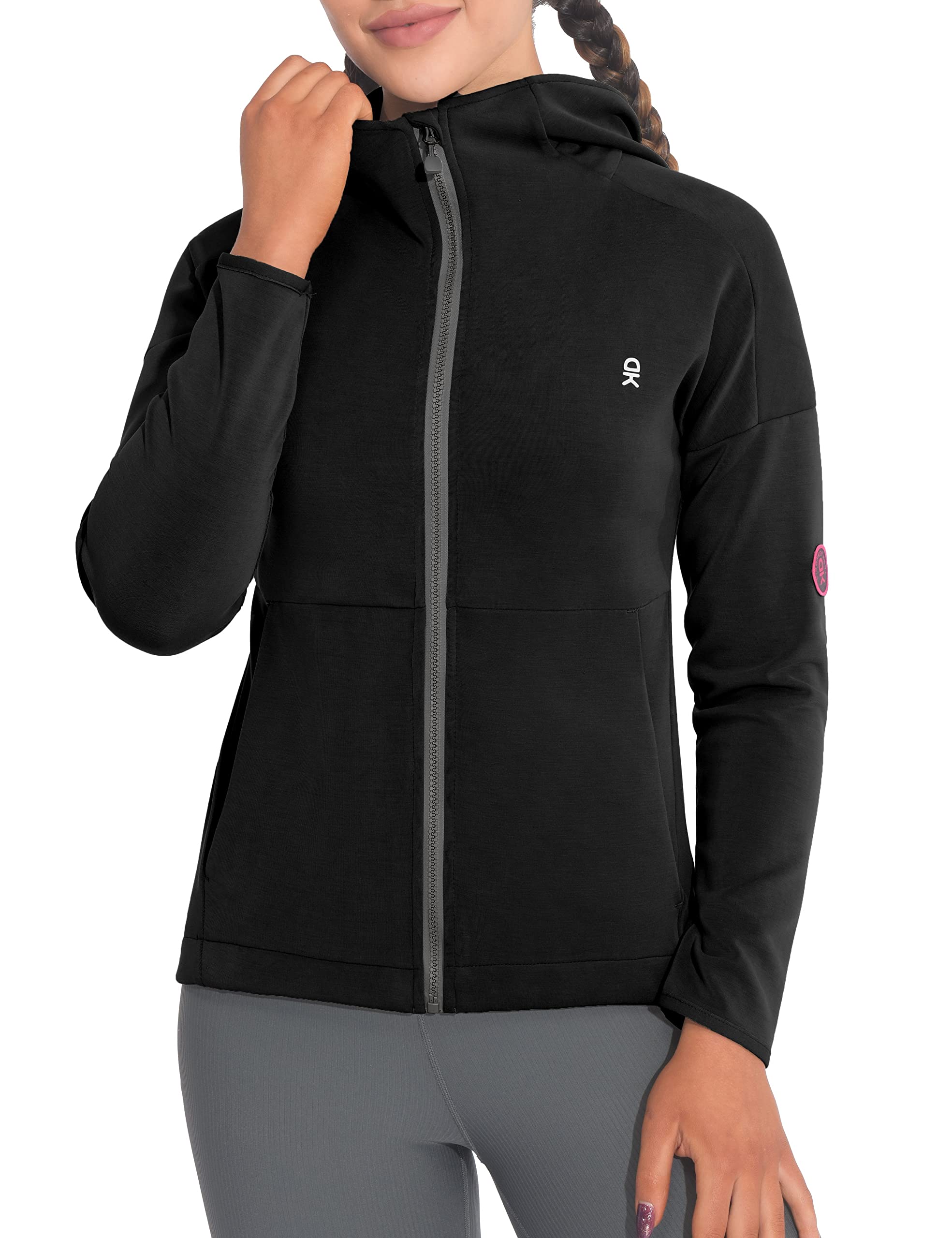 Little Donkey Andy Women's Lightweight Stretch Running Jacket, Full Zip Athletic Hooded Jackets, Moisture-Wicking (Black M)