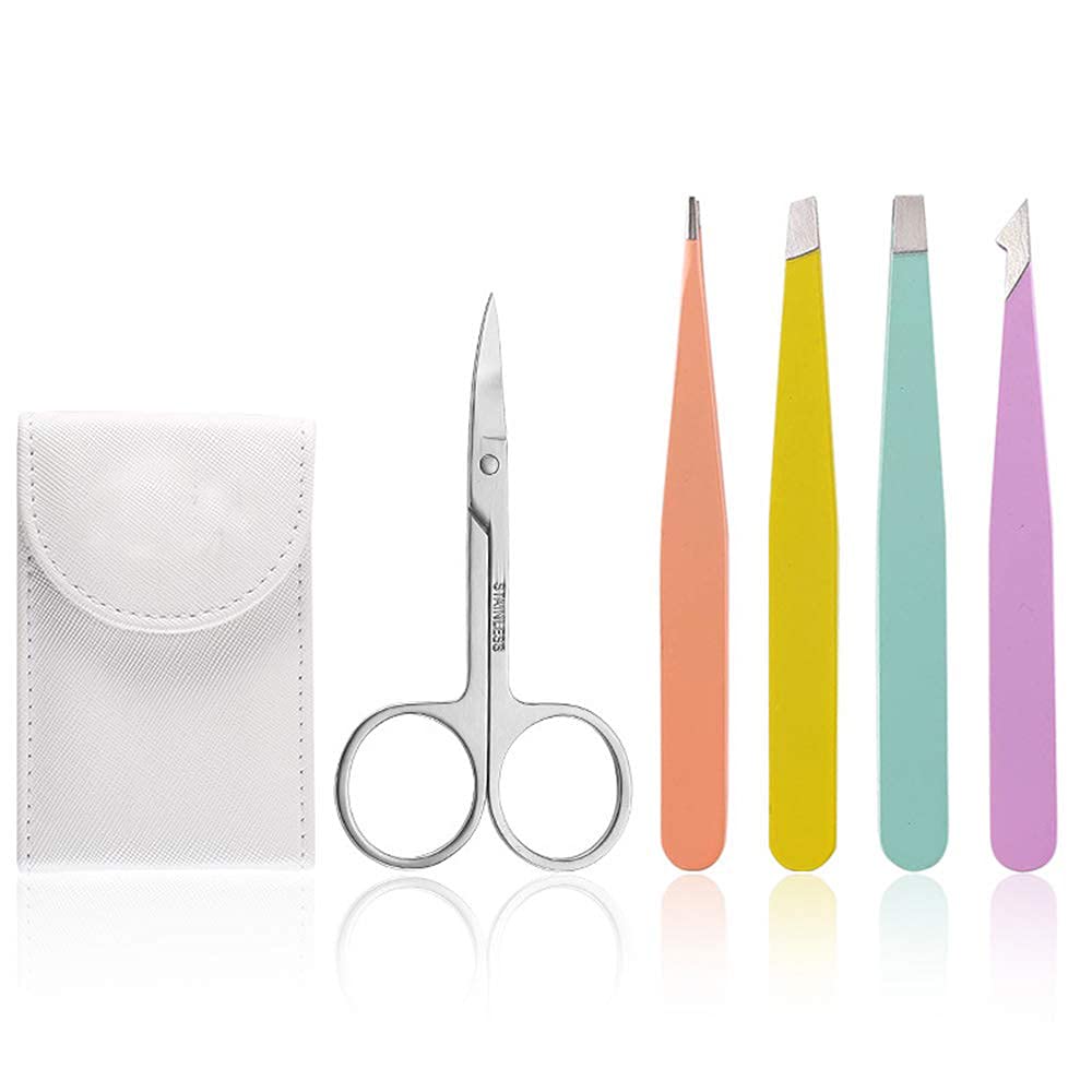JEPOZRA Tweezers Set 5pcs-Professional Stainless Steel Tweezers with Curved Scissors, Slant, Angled and Pointed tweezers, for Eyebrows, Splinter & Ingrown Hair Removal