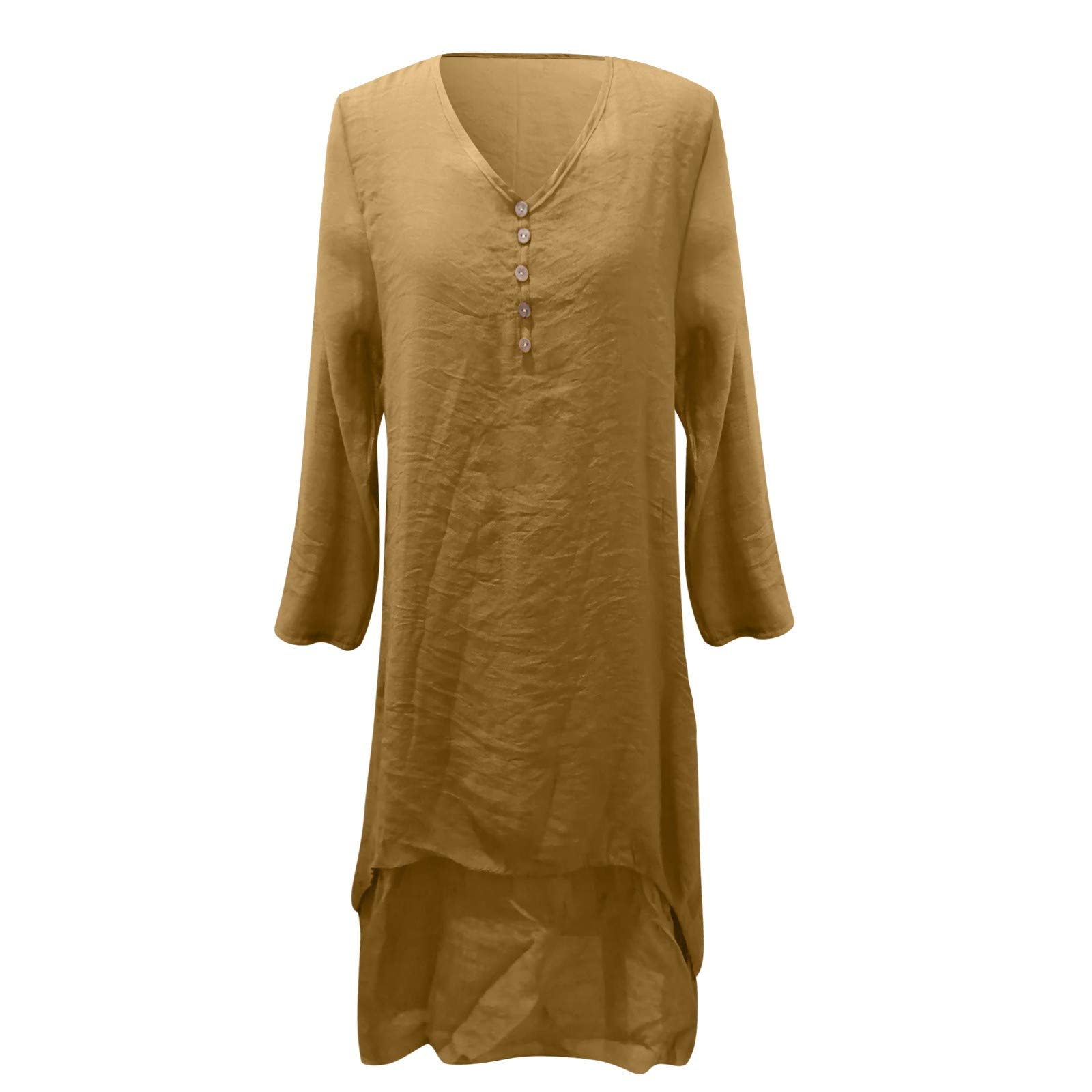 Keepfit Women Button V-Neck Maxi Dress Solid Long Sleeve Irregular Layered Hem Loose Floor Length Dress Yellow