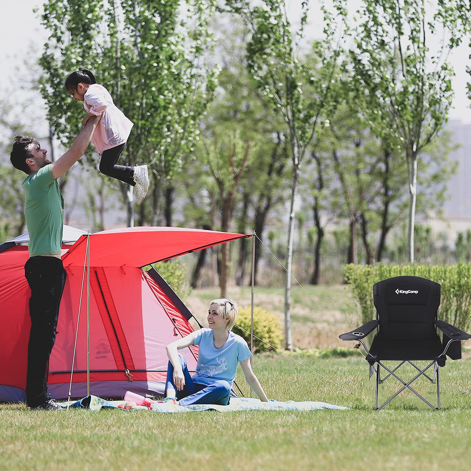 KingCamp Oversized Folding Camping Chair for Adults Portable Outdoor Lawn Heavy Duty with Cooler, Cup Holder, Side Pocket,Carry Bag, 1 Pack, Black