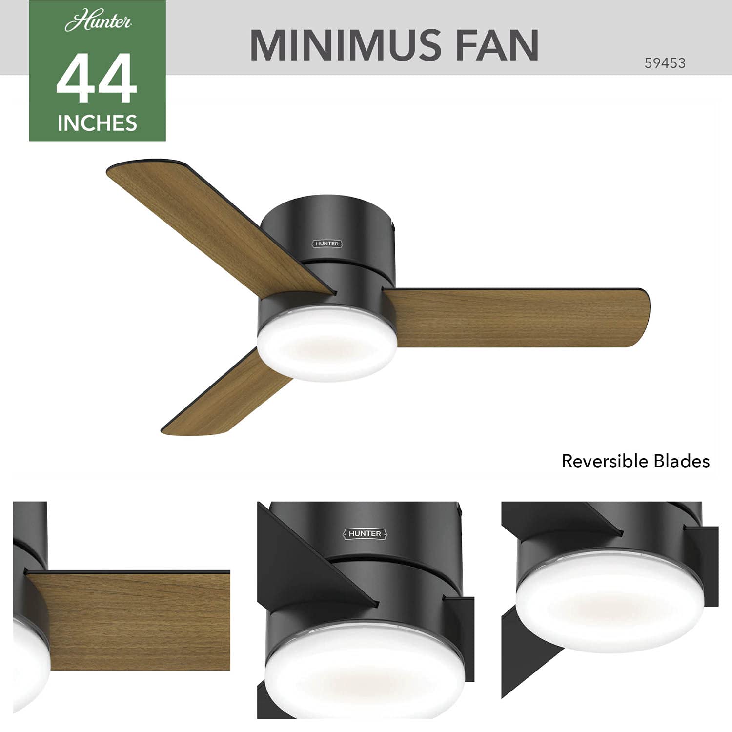 Hunter Fan Company 59453 44" Kit Control Hunter Minimus Low Profile Indoor Ceiling Fan with LED Light and Handheld Remote, Matte Black Finish