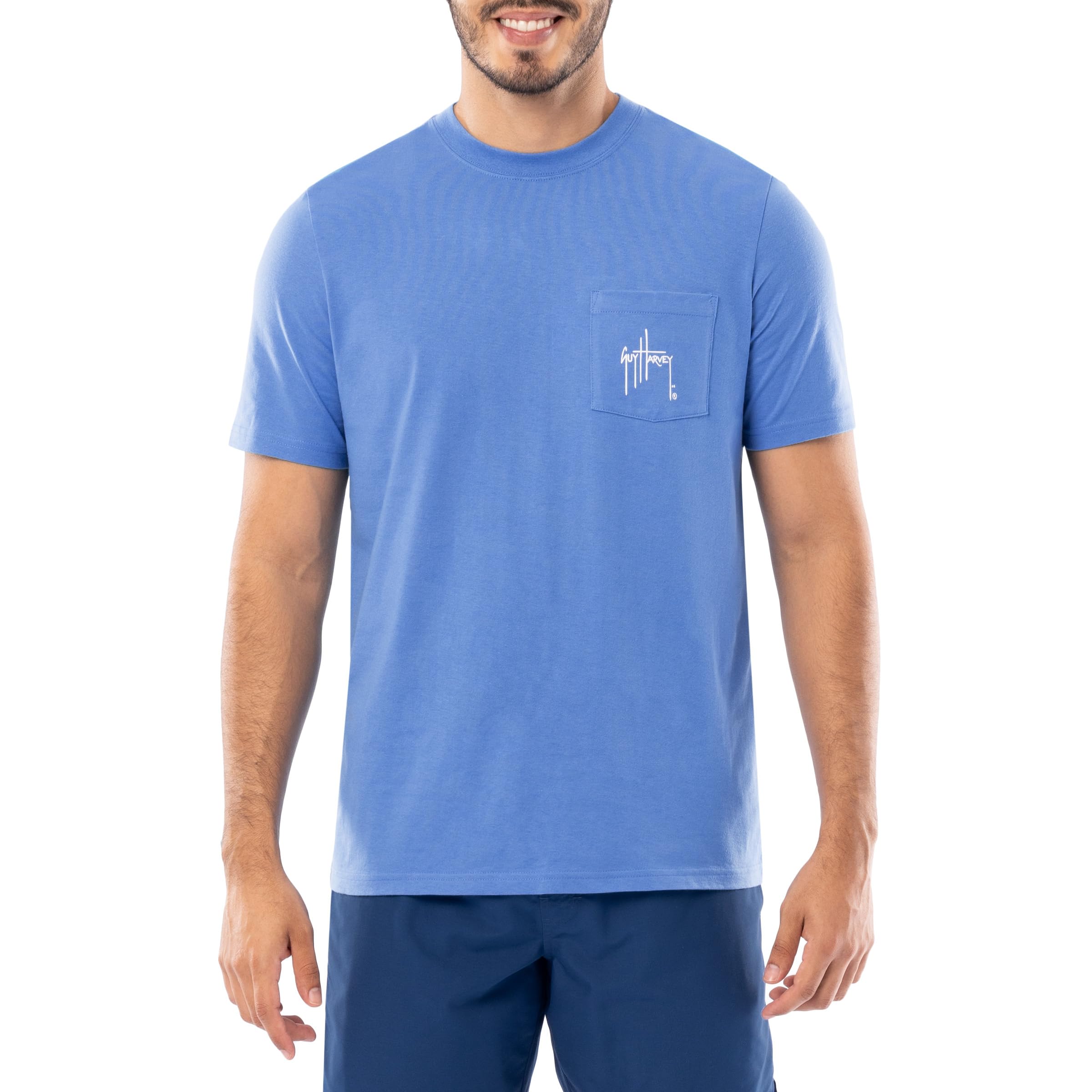 Guy Harvey Men's Proudly Southern Short Sleeve Pocket T-Shirt, Heather Royal/Proudly Southern, Large