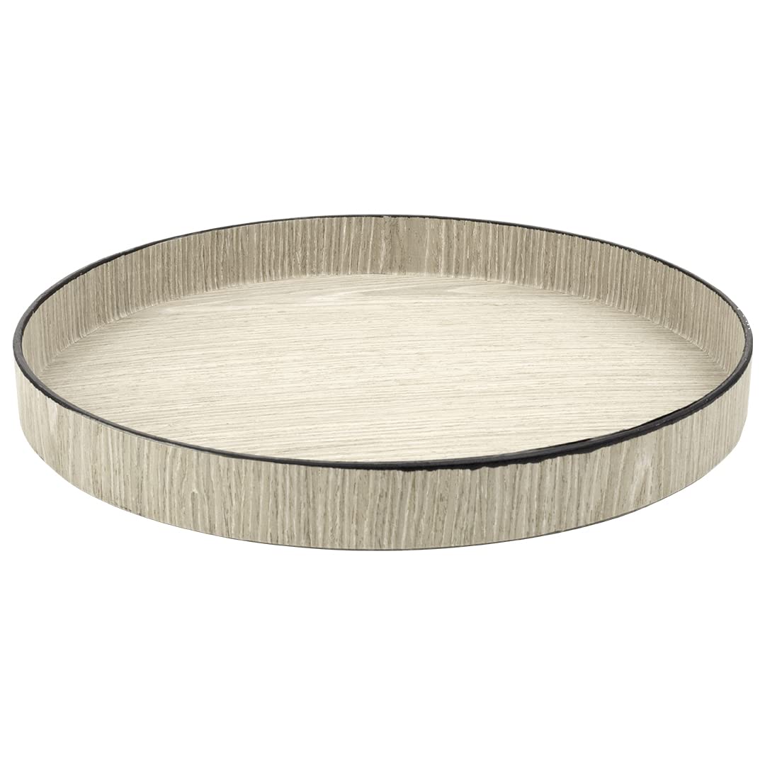 Koyal Wholesale Faux Wood Round Decorative Tray Rustic Wood Tray for Kitchen Counter, Coffee Table, Birch, 1-Pack