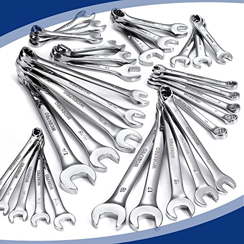 WORKPRO 32-Piece SAE & Metric Combination Wrench Set, 12 PT Regular and Stubby Wrenches set with Organizer Tray, Cr-V Steel Mirror Chrome Polished