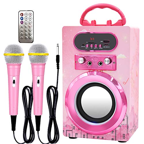 IndeCool Kids Bluetooth Karaoke Machine with 2 Microphones, Remote Control Wireless Karaoke Speaker Portable Karaoke Machine Music MP3 Player for Kids Adult Party Gift (Pink)
