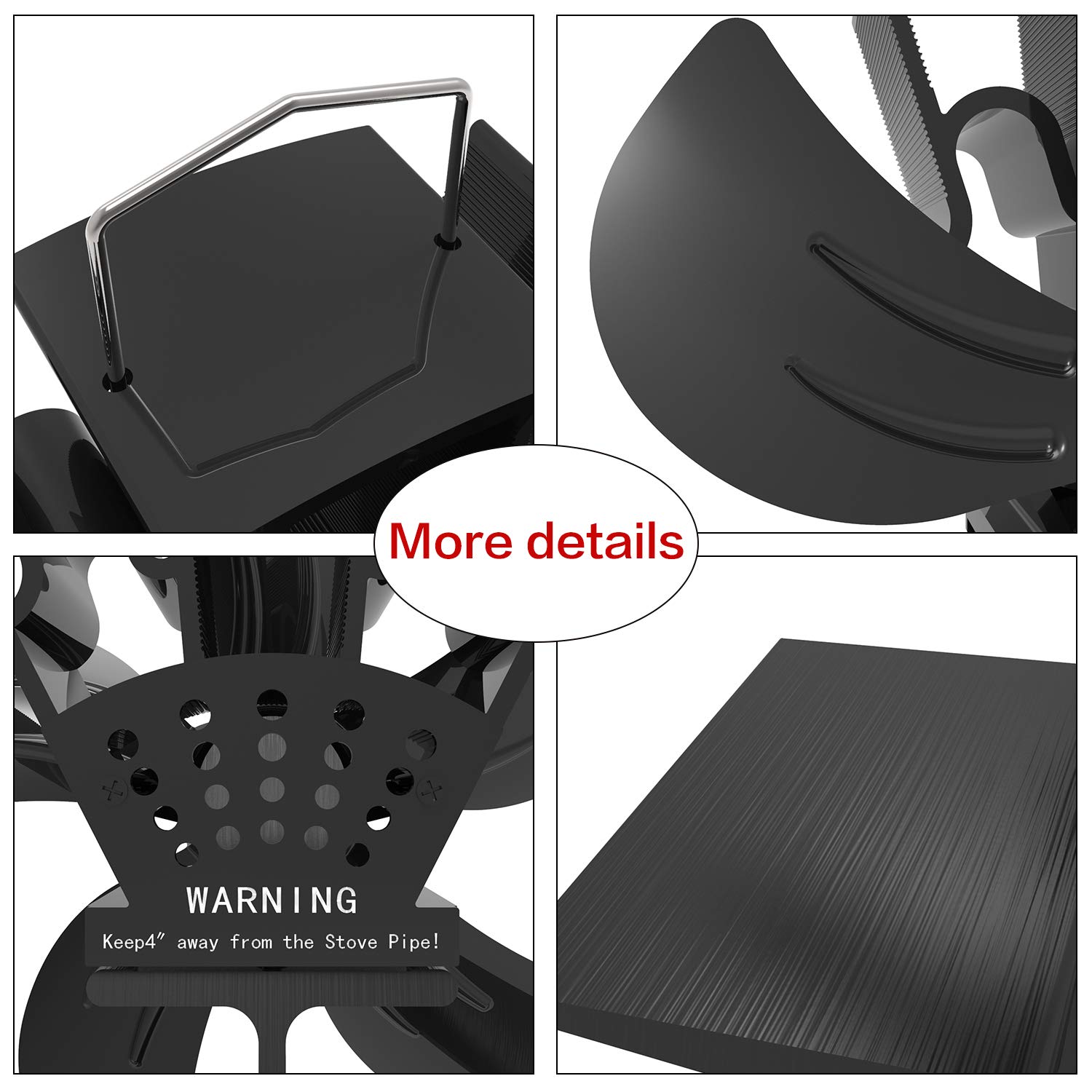 KINDEN Wood Stove Fan 5-Blade - Heat Powered Log Burner Eco-Friendly with Stove Thermometer (Aluminium Black, Large Size) Patent Pending