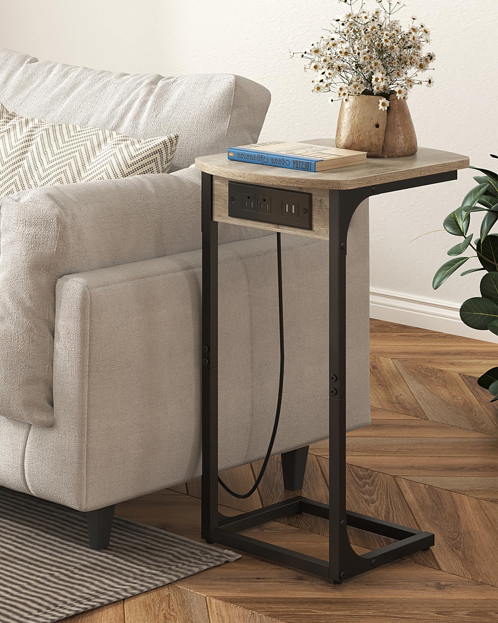 Hzuaneri L Shaped End Table with Charging Station, Bed Side Table with USB Port & Outlet, Couch Table, C Snack Table for Living Room, Bedroom, Greige and Black ET04905B