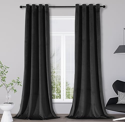 ZHAOFENG Black Velvet Curtains 108 inches with Grommet, Soft Luxury Sunlight Dimming Heat Insulated Privacy Protect Velour Drapes for Bedroom, 2 Panels, W52 x L108 Inches