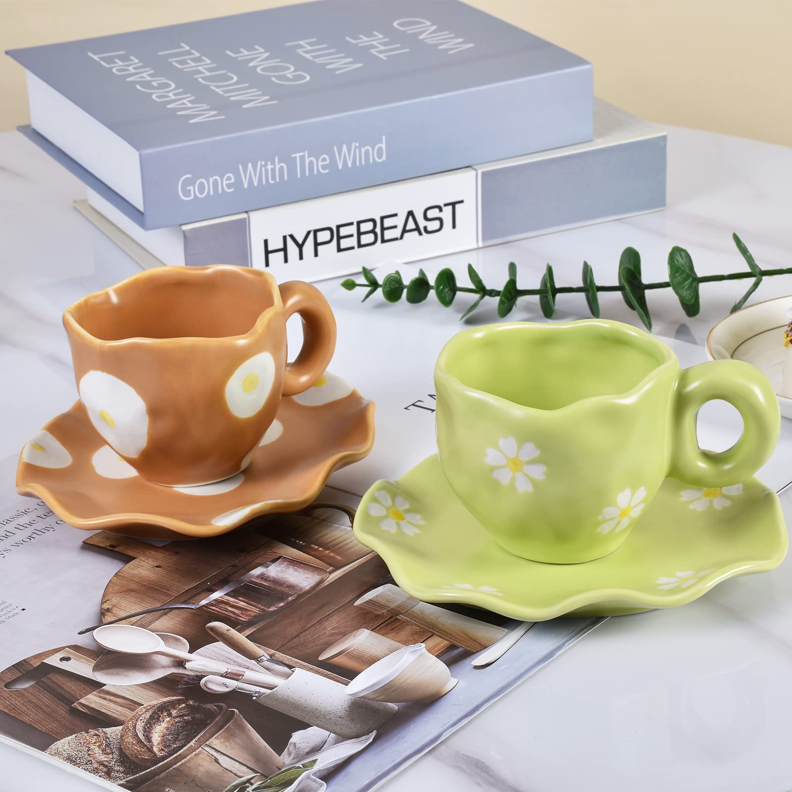 Koythin Ceramic Coffee Mug with Saucer Set, Cute Creative Daisy Cup Saucer for Office and Home, Dishwasher and Microwave Safe, 6.5 oz/200 ml for Latte Tea Milk (Green)