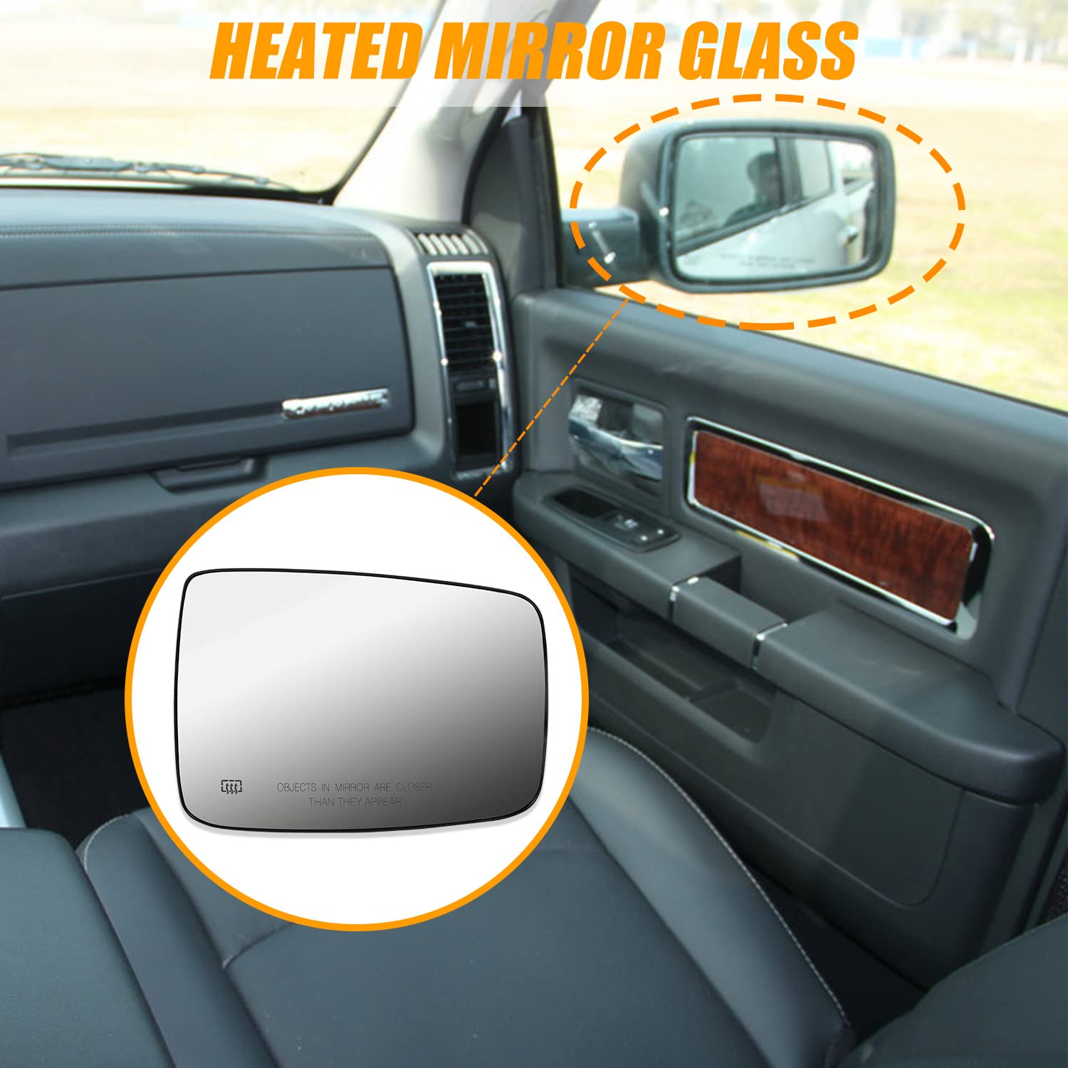 Left Driver Side Heated Mirror Glass Compatible with Dodge Ram 1500 2500 2009 2010 2011 2012 2013 2014 2015 2016 2017 2018 Side Mirror glass with Rear Holder Replace 68050298AA 68079362AA