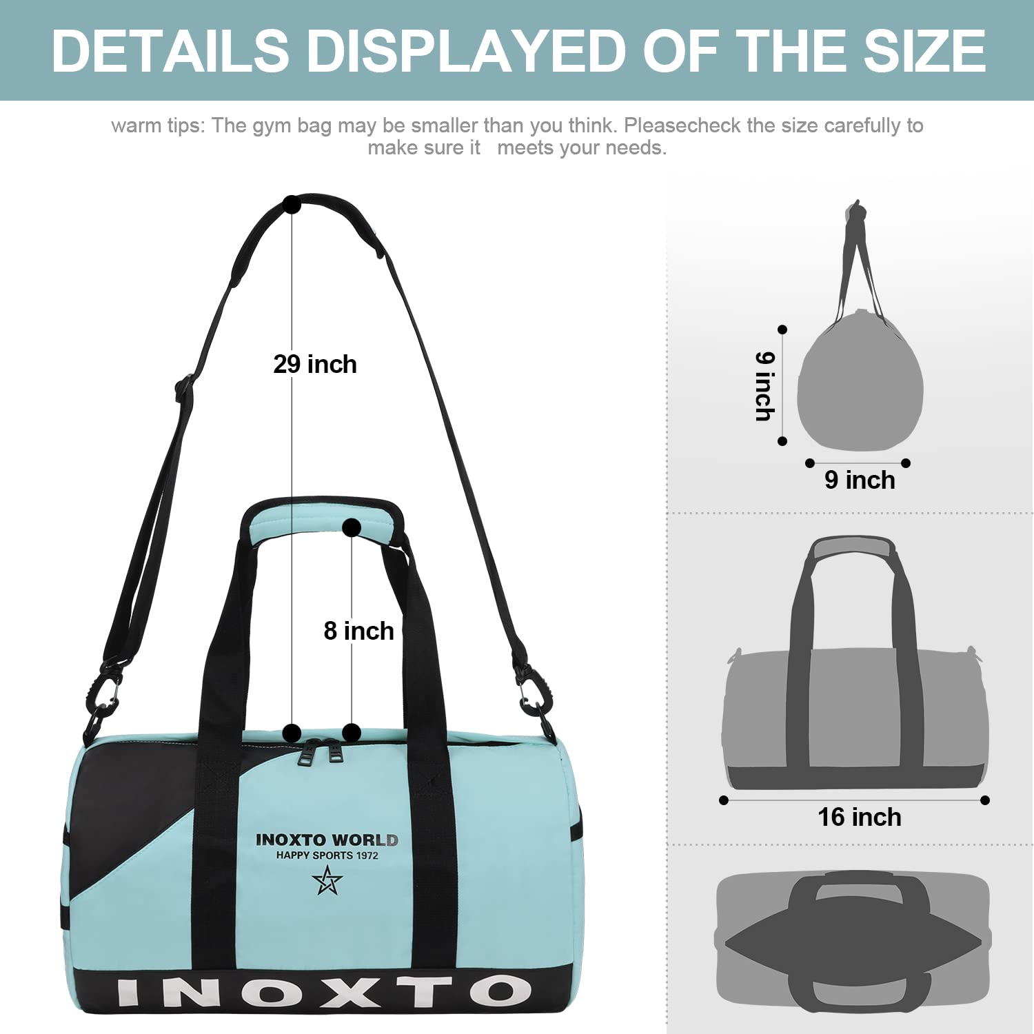 Inoxto gym bag, Small Sport Duffel bag for Women, Weekender Overnight Bag with Adjustable Shoulder Straps (light green)