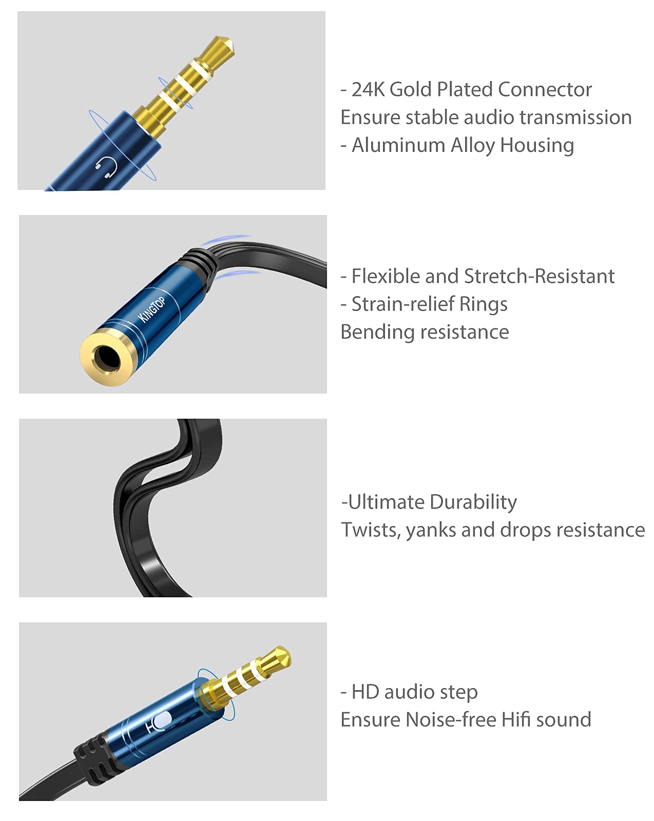 KINGTOP 3.5mm Combo Audio Adapter Cable Compatible for PS4,PS5,Xbox One S,Switch,Tablet,Mobile Phone,PC Gaming Headsets and New Version Laptop(Blue)