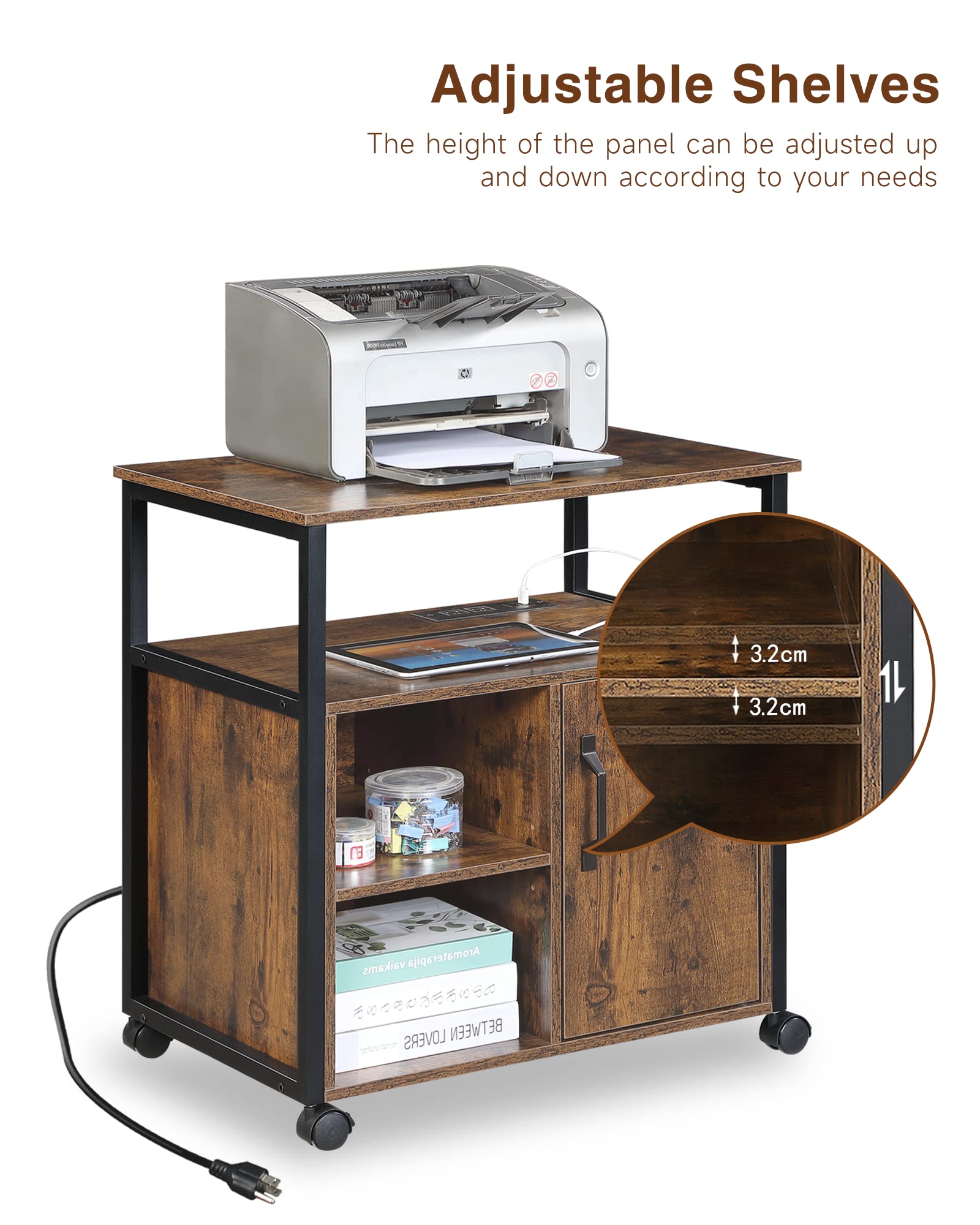 Kavonty Lateral File Cabinet,Office Filing Cabinets with Socket and USB Charging Port,Modern Rolling Printer Stand with Storage for A4, Letter Size and File Folders,for Home Office, Rustic Brown