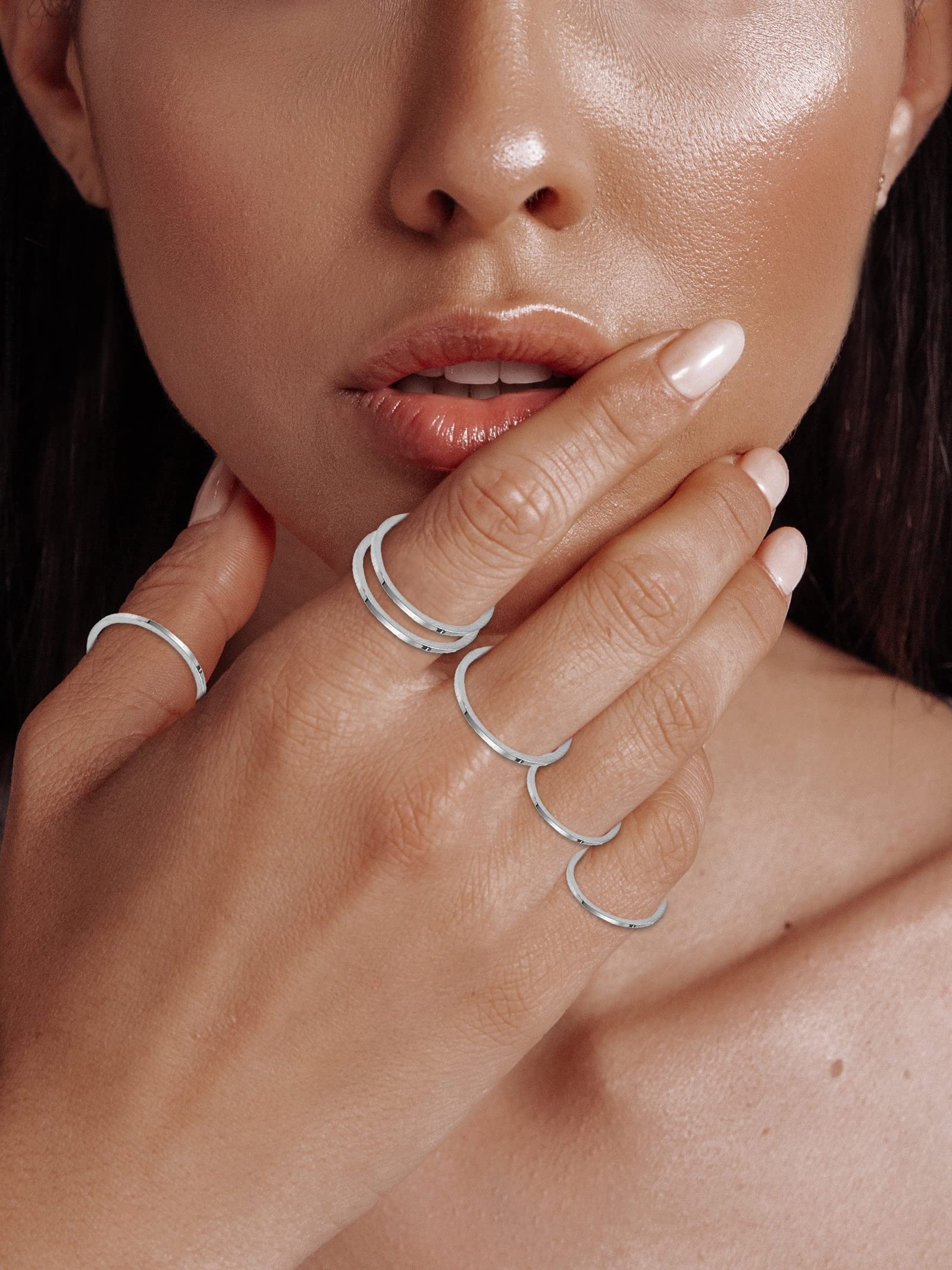 Long tiantian 6 Pcs Stacking Rings for Women Silver Simple Knuckle Rings for Women Stainless Steel Plain Thin Rings Thumb Statement Rings Christmas Stocking Stuffers Gifts(Size 7)