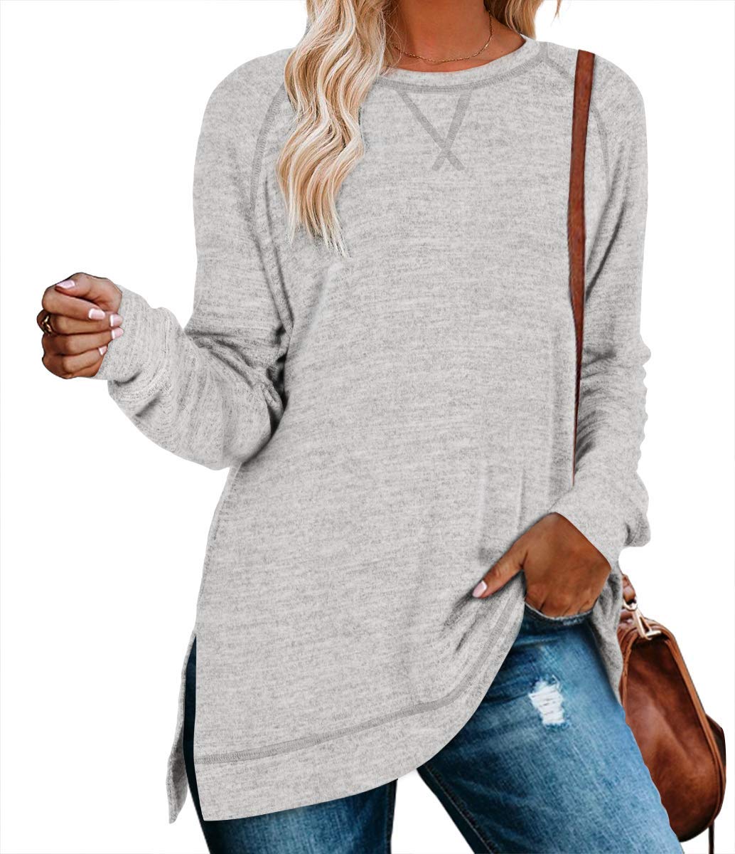Long Sleeve Tunic Tops For Women Casual Plain Shirts Loose Fitting Pullover Sweatshirts(L,Light Grey)