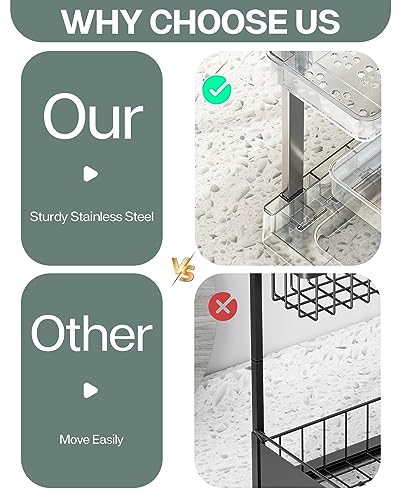 Under Sink Organizer and Storage with Under Sink Tray, 2 Tier Sliding Under Sink Shelf, L Shaped Pull Out Cabinet Basket Organizer, Slide Out Organizer Rack for Bathroom, Kitchen, 2 Pack, Clear