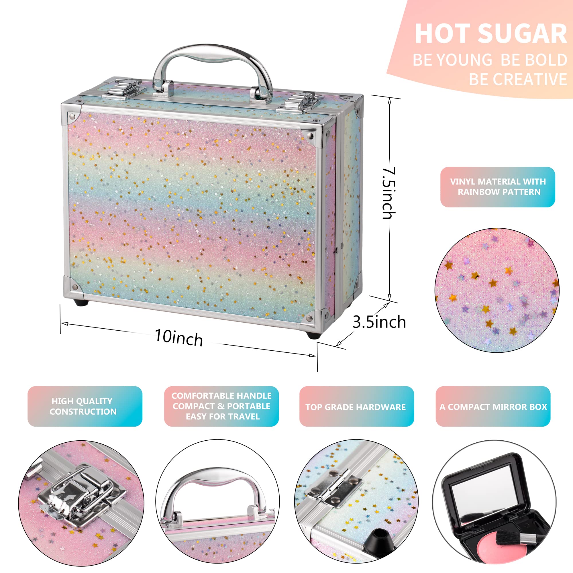 Hot Sugar Makeup Kit for Women Full Kit Teen Girls Starter Cosmetic Gift Set with Beautiful Rainbow Train Case Includes Pigmented Eyeshadow Palette Blush Lipstick Lip Pencil Eye Pencil (Rainbow)