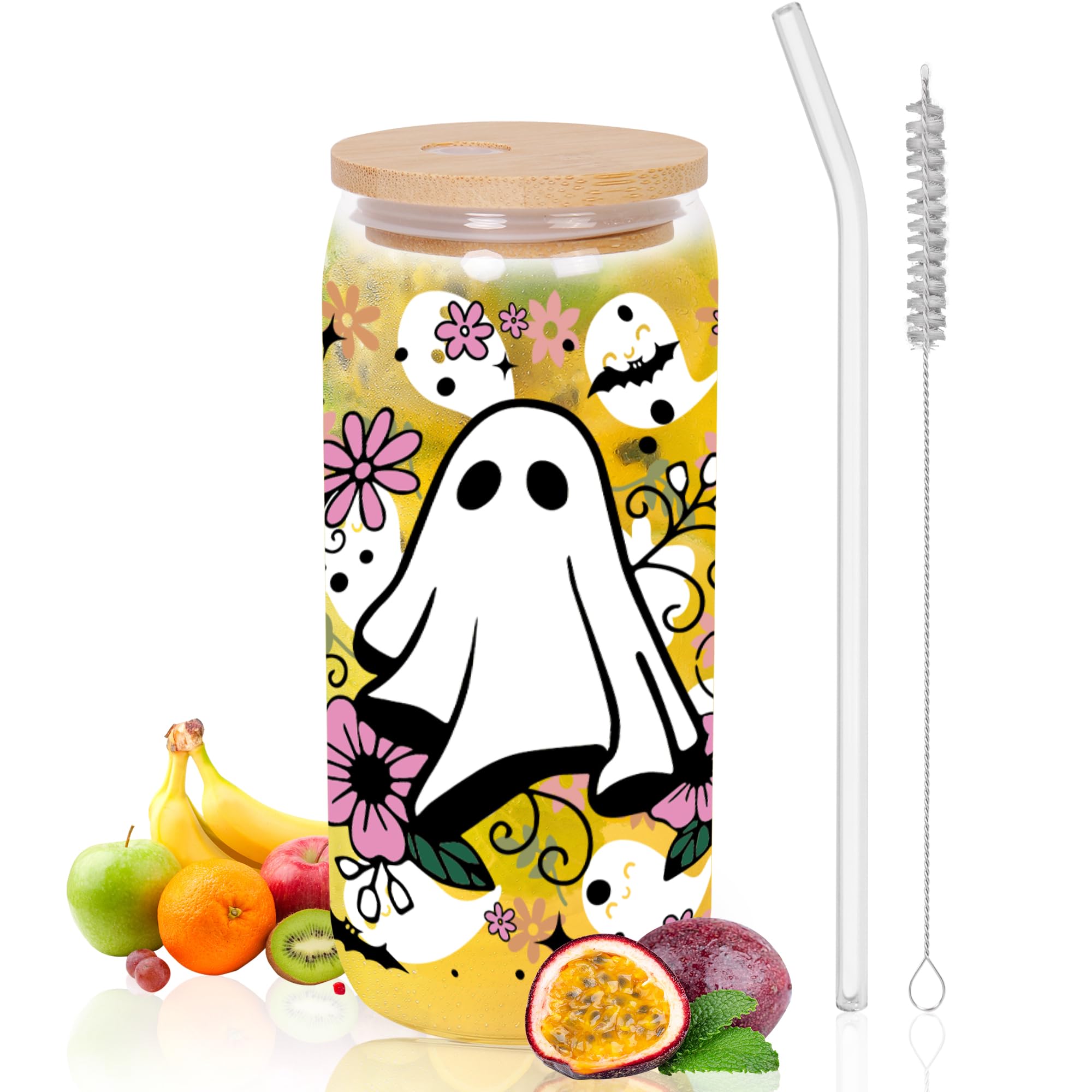 ONEVIVE Halloween Glass Cups with Lids Straws, Spooky Ghost Pumpkin Drinking Glasses, Cute 16oz Can Shaped Flower Tumbler Iced Coffee Cup Gifts for Women (Purple)