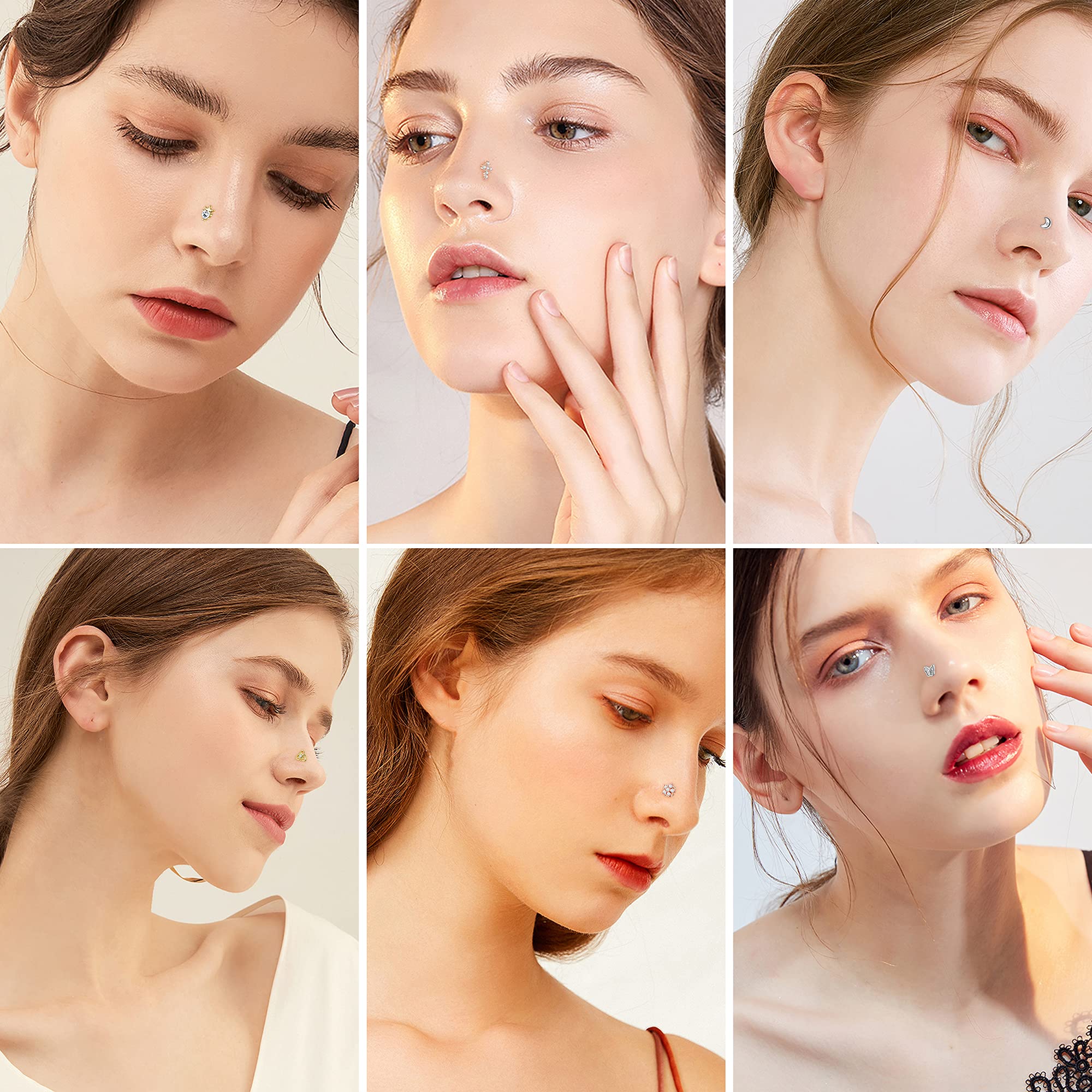 Magitaco 12Pcs 20G Nose Ring Stud L Shape Screw Nose Studs Butterfly Heart Cross Eyil Eye Moon Nose Rings Nose Bone Piercing Nose Stud for Women Men