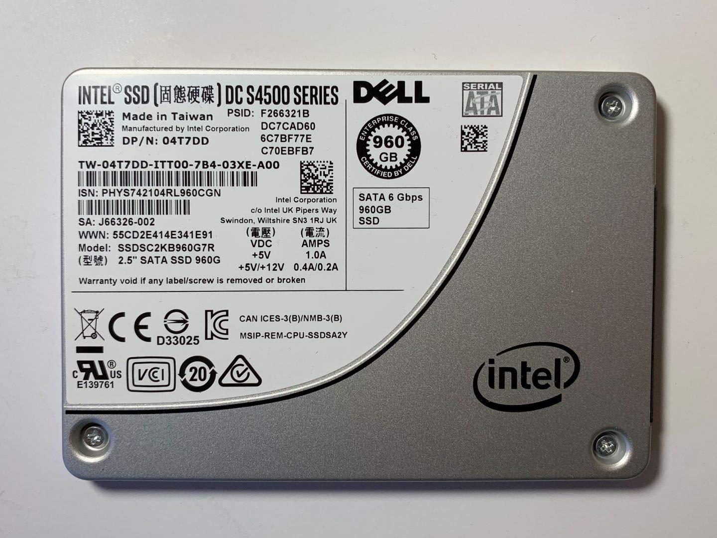 Intel 960GB SSD 2.5" 6Gb/s SATA Solid State Drive Model: SSDSC2KB960G7R DP/N: 4T7DD