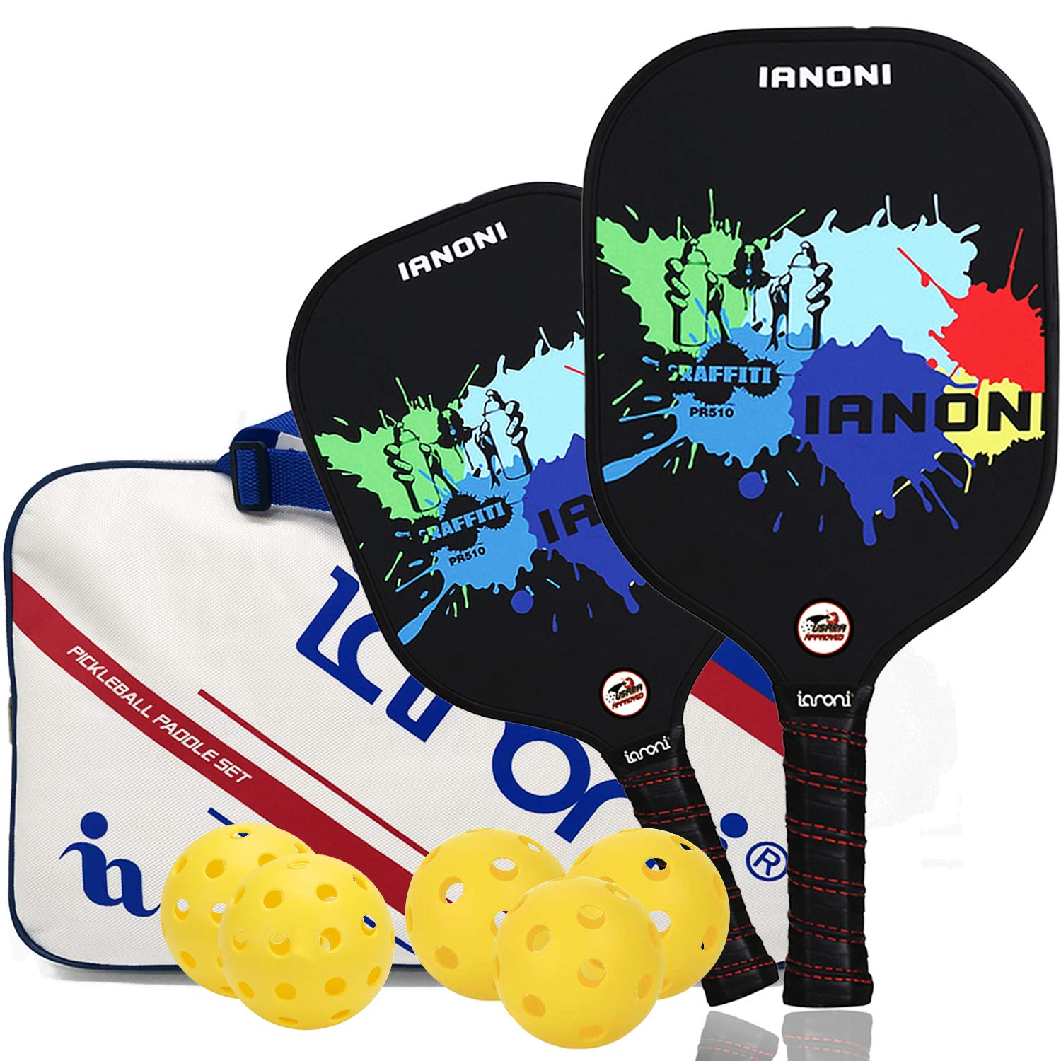 ianoni Pickleball Paddle Set - 2 Premium Lightweight Graphite Rackets Honeycomb Composite Core,Includes 4 Balls, Portable Racquet Cover Case Bag,Ultra Cushion Grip, USAPA Approved
