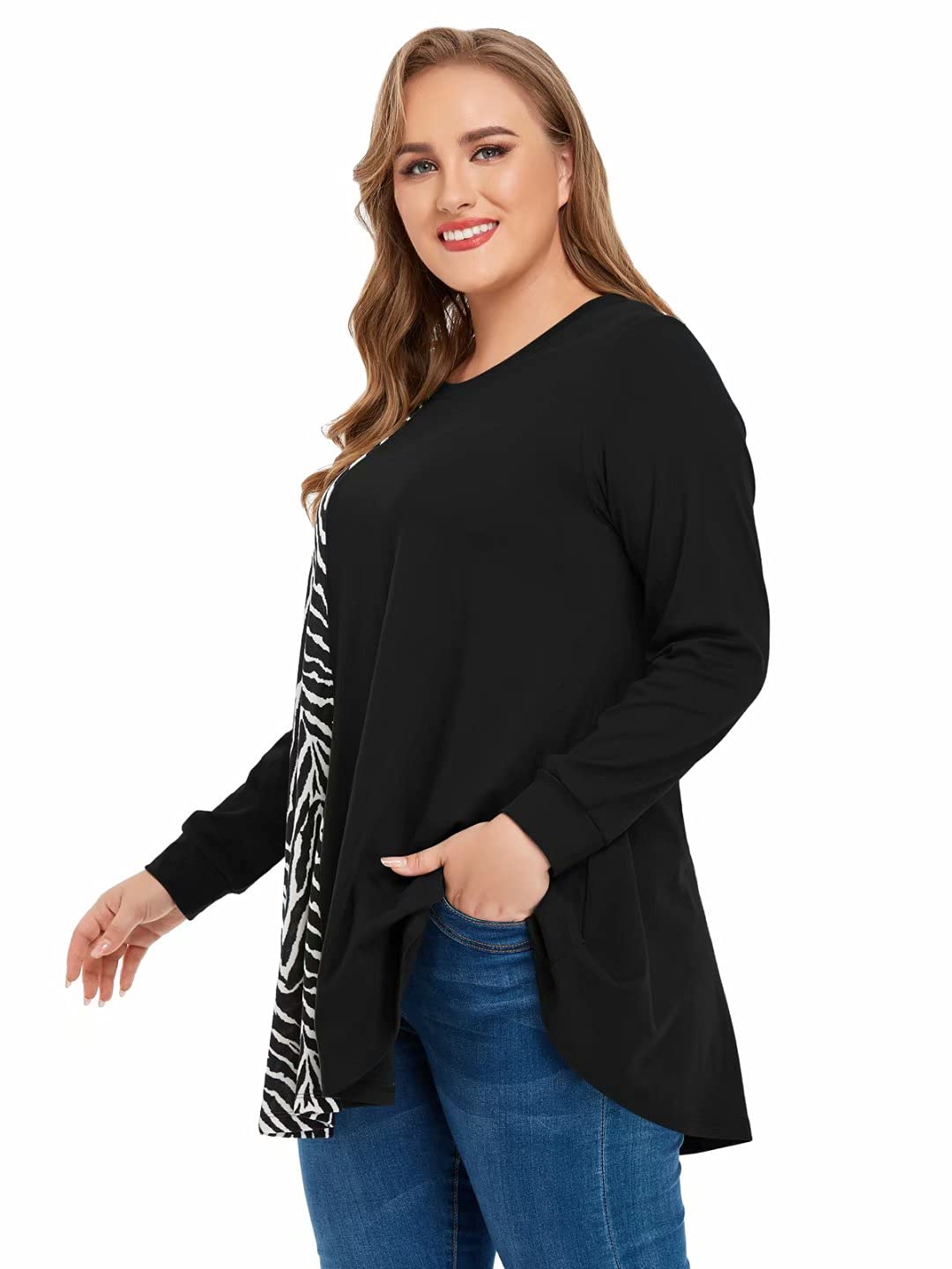 JollieLovin Plus Size Sweatshirts for Womens Long Sleeve Tops Animal Print Pullover Patchwork Tunic Lightweight Fall Clothes Black 2X