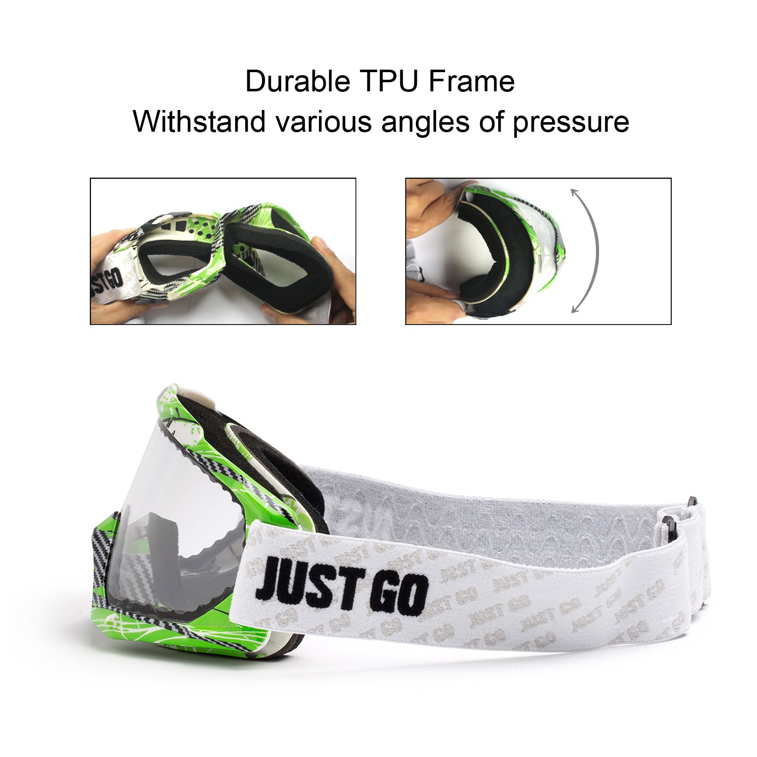 JUST GO Ski Goggles for Skiing Dual-Layer Anti-Fog 100% UV Protection lens Snowboard Goggles, Green and White Frame/Clear Lens (VLT 81.2%)